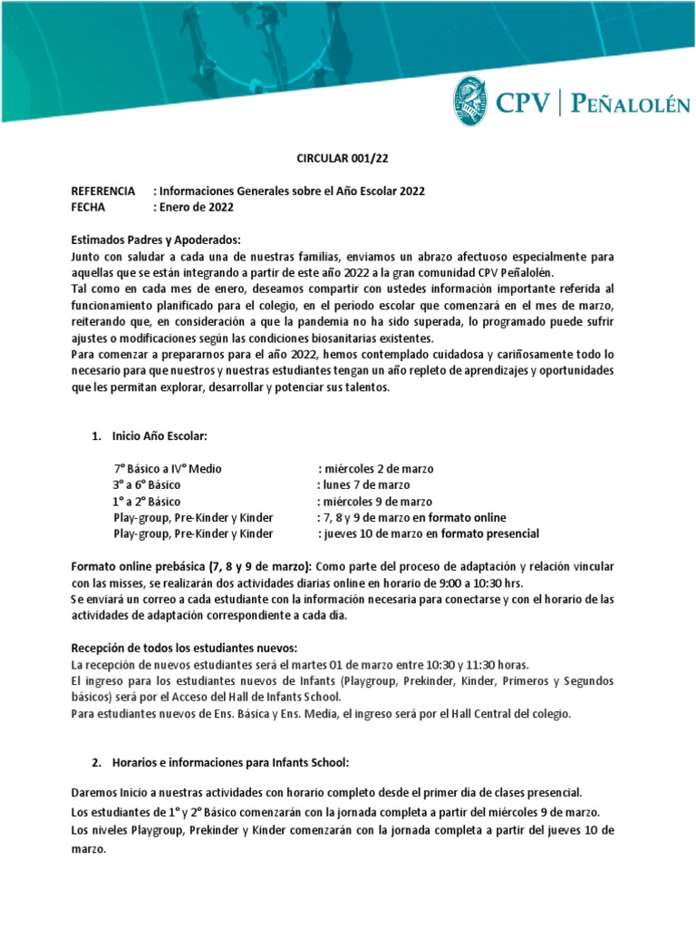 Circular 001 CPV Peñalolén Enero 2022 REV | PDF | Educación de la primera infancia