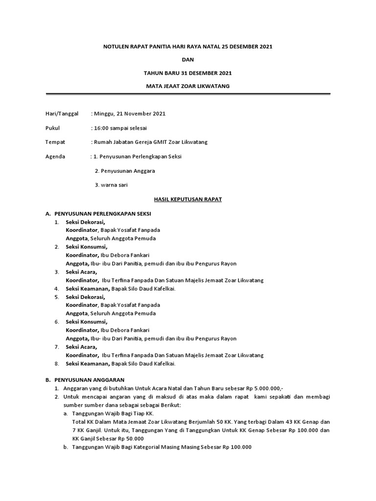 Notulen Rapat Panitia Hari Raya Natal 25 Desember 2021 | PDF