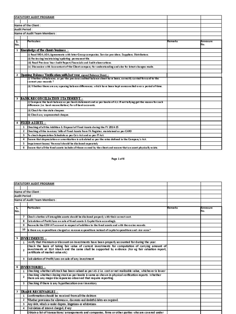 Statutory Audit Program Name of The Client: Audit Period: Name of Audit ...