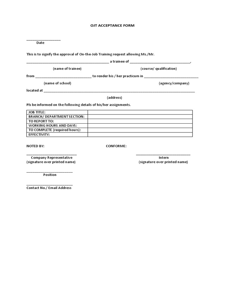 Ojt Acceptance Form | PDF
