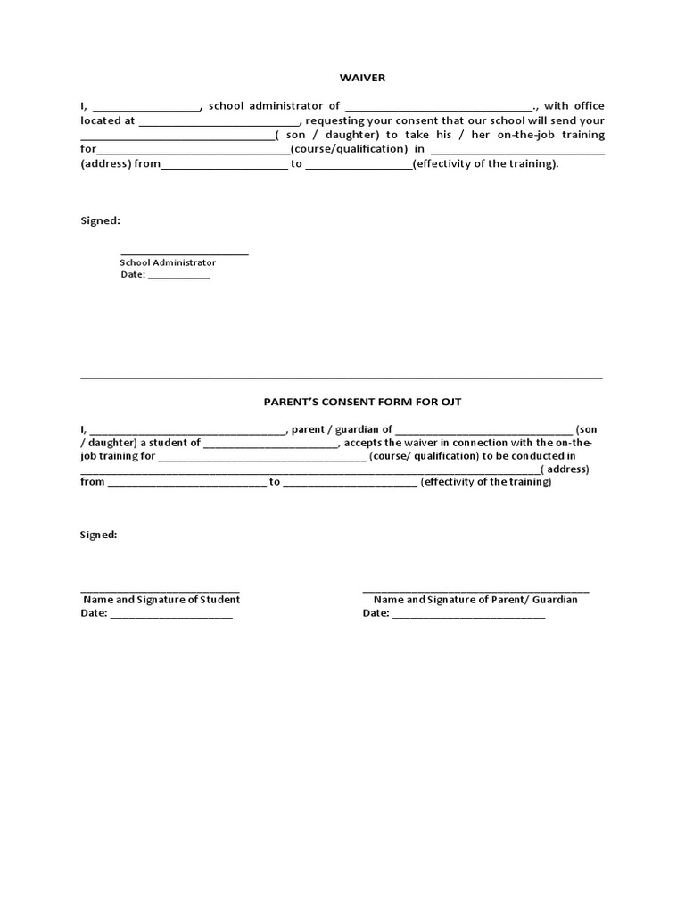 Ojt Parent Concent Form | PDF