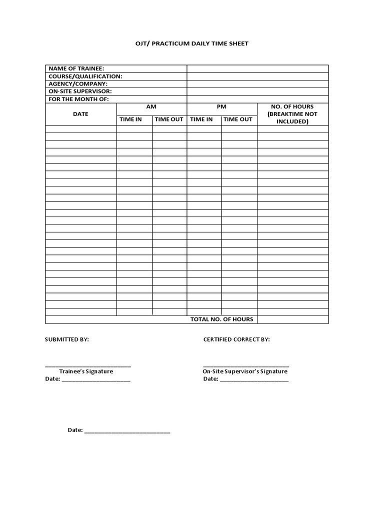 OJT/Practicum Daily Time Sheet Template | PDF