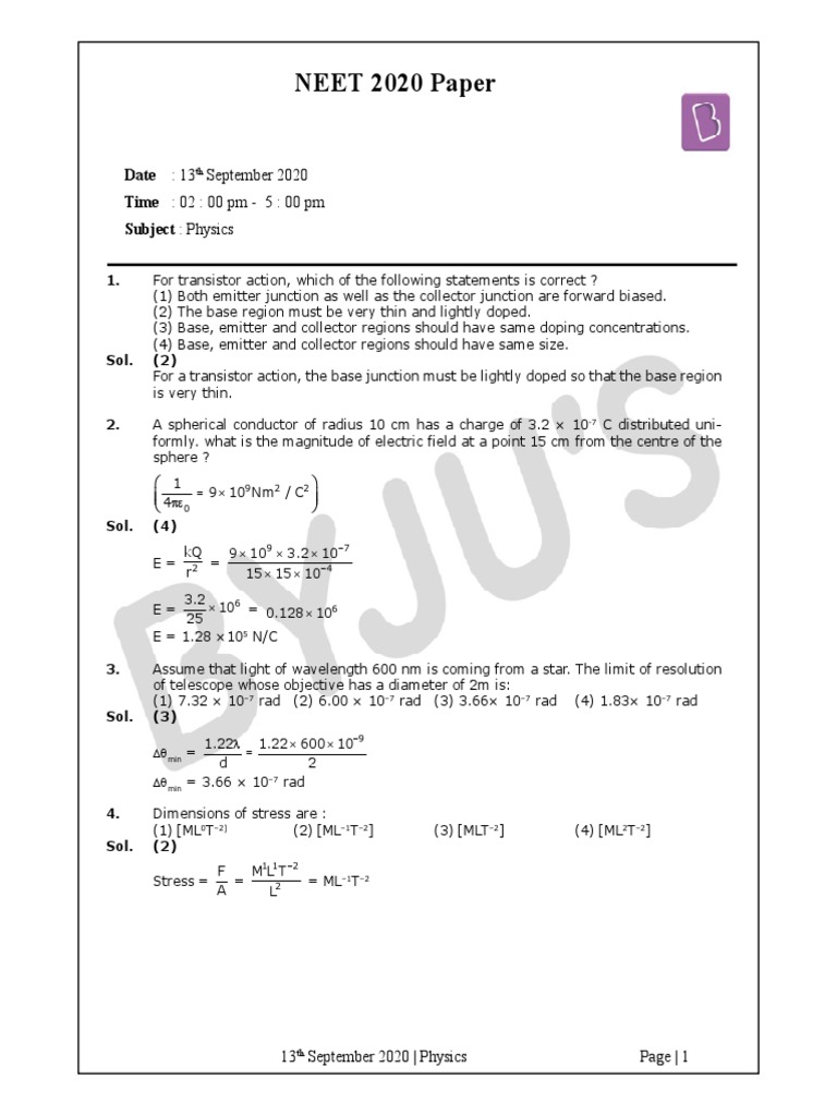 NEET 2020 Physics Paper Solutions | PDF | P–N Junction | Atoms