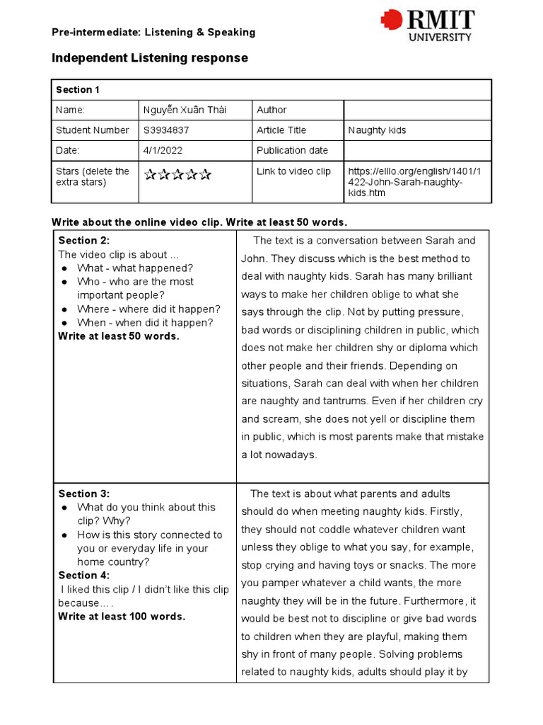 Independent Listening Response Form2 Nguyen Xuan Thai (PI-L&S) 2 | PDF ...