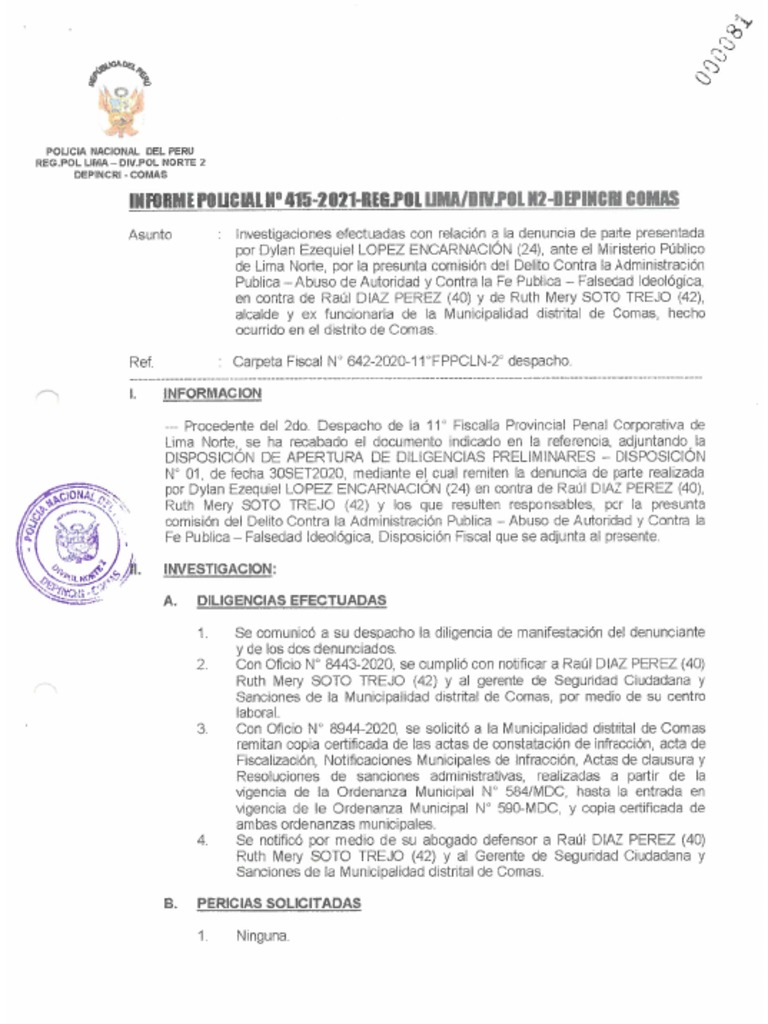 INFORME POLICIAL #415-2021-REG - POL LIMA DIV - POL N2-DEPINCRI COMAS ...