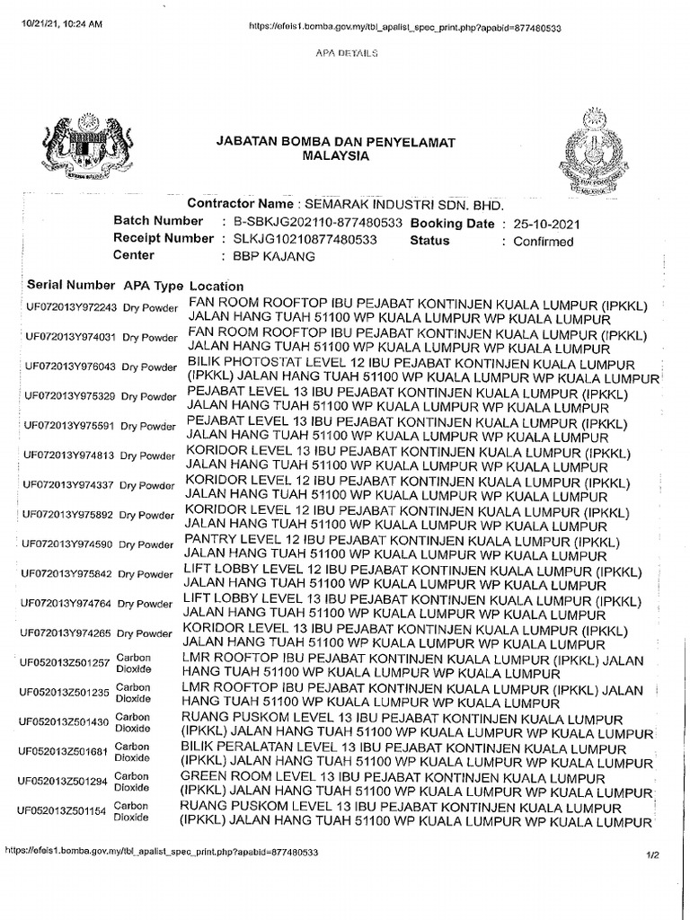 Senarai EFEIS Bomba IPKKL | PDF