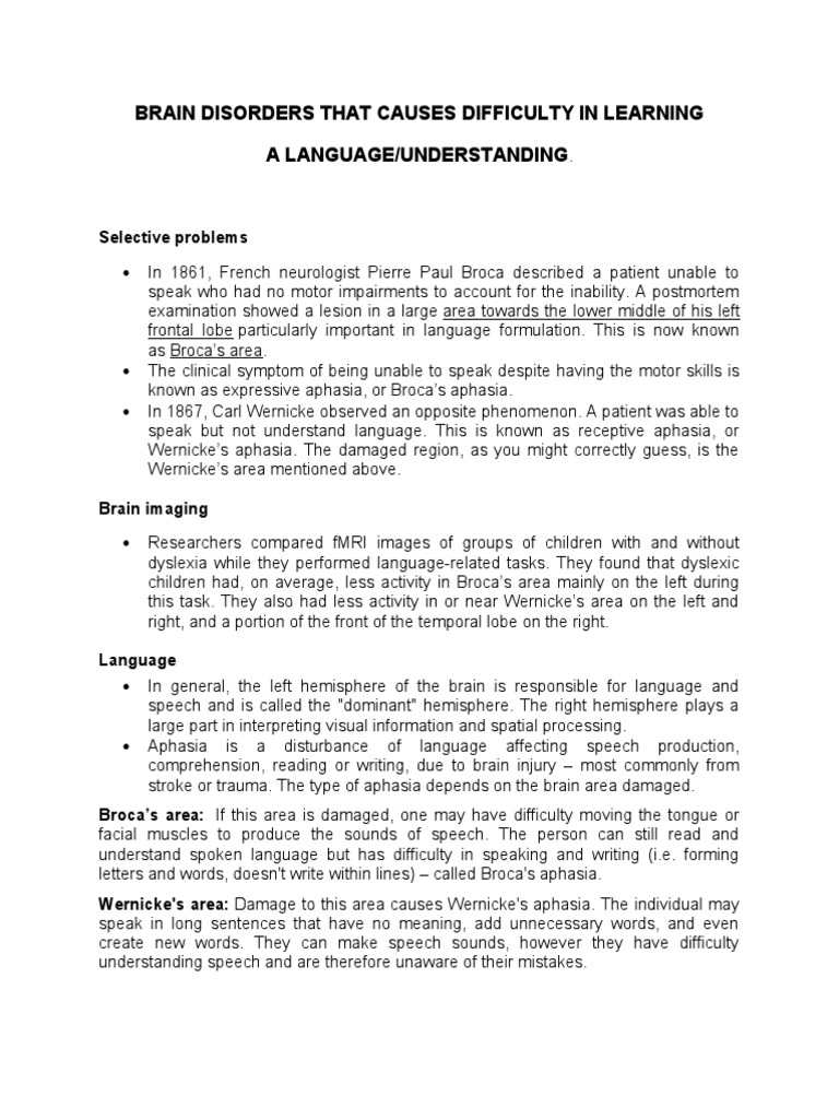 Brain Disorders That Causes Difficulty in Learning | PDF | Aphasia | Speech