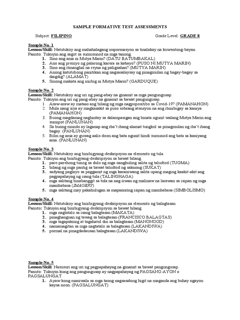 Sample Formative Test in Filipino | PDF