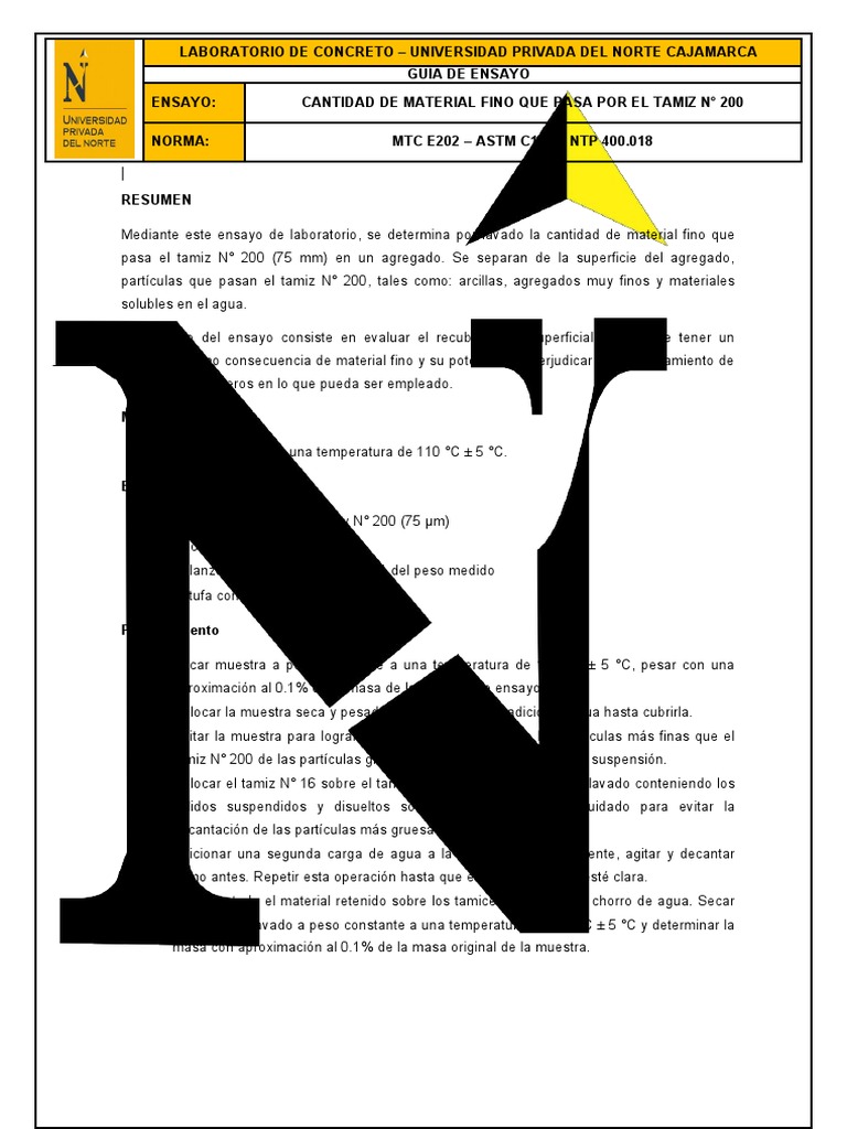 Material Fino Que Pasa Por El Tamiz #200 Astm C117 | PDF