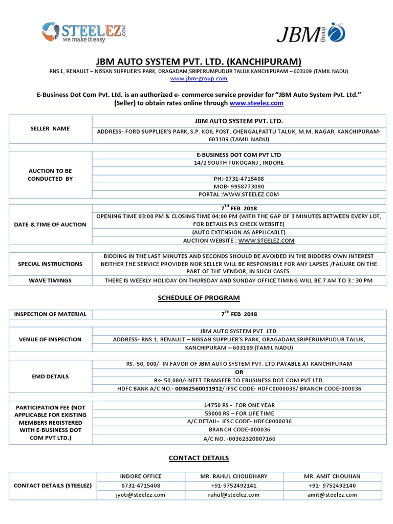 JBM Auto System Sriperumpadur Kanchipuram 7th Feb 18 | PDF | Auction ...