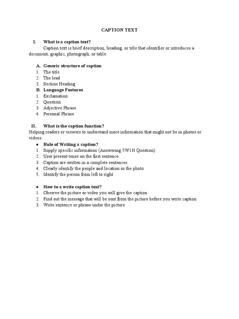 Caption Text I. What Is A Caption Text? | PDF | Career & Growth ...