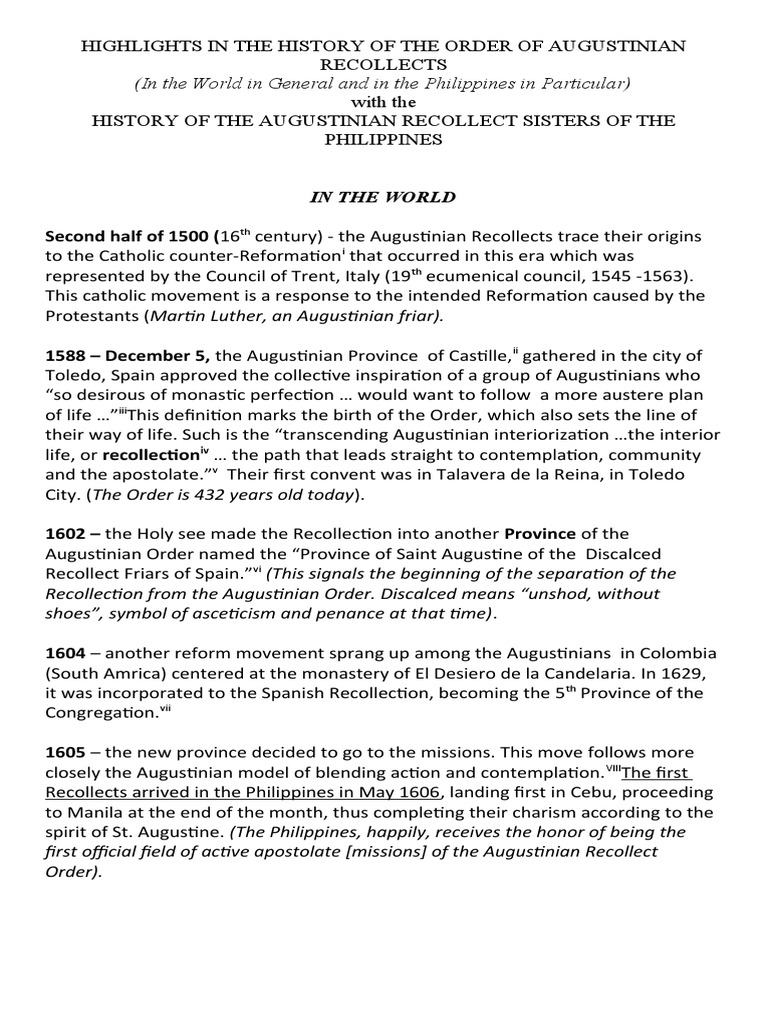 Brief History of The Order of Augustinian Recollects | PDF | Catholic ...