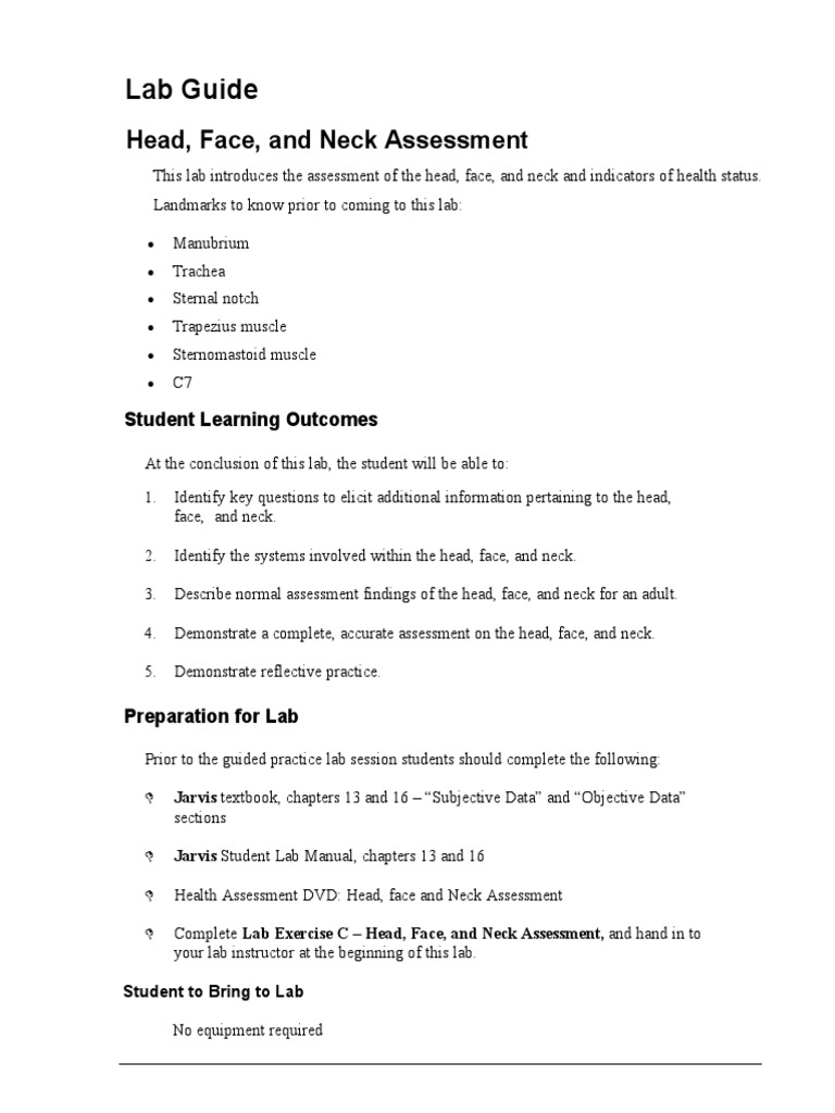 Head, Face, and Neck Assessment Lab Guide | PDF | Neck | Head And Neck ...