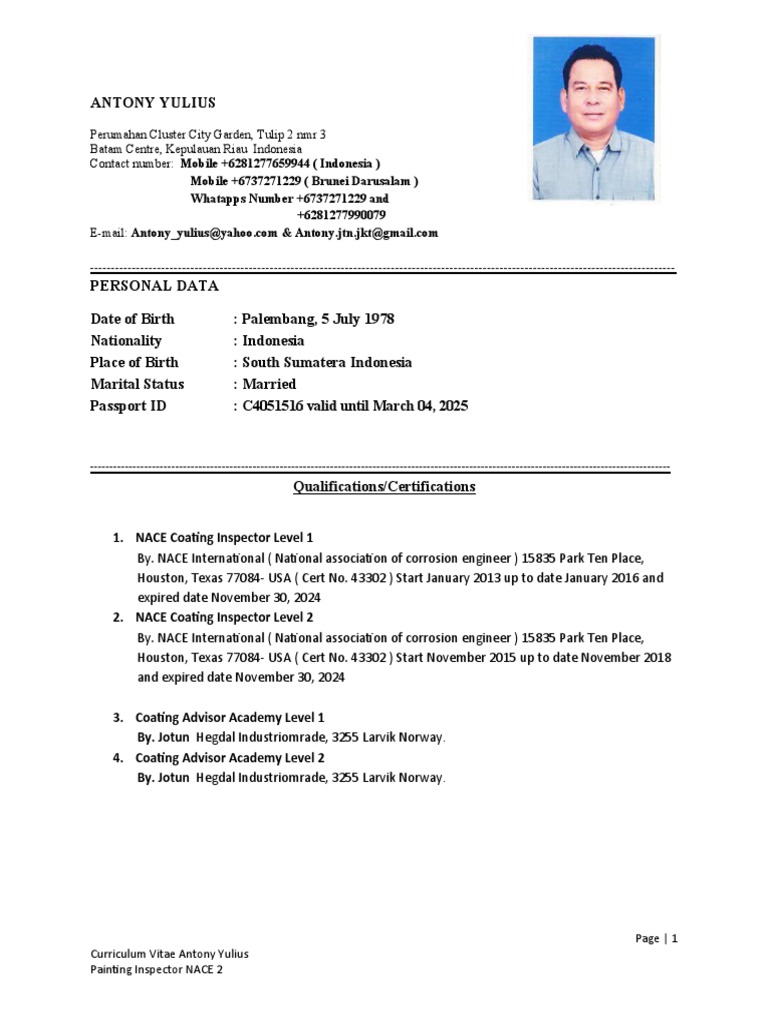 Update CV Antony Yulius Coating Inspector 5122021 | Download Free PDF ...