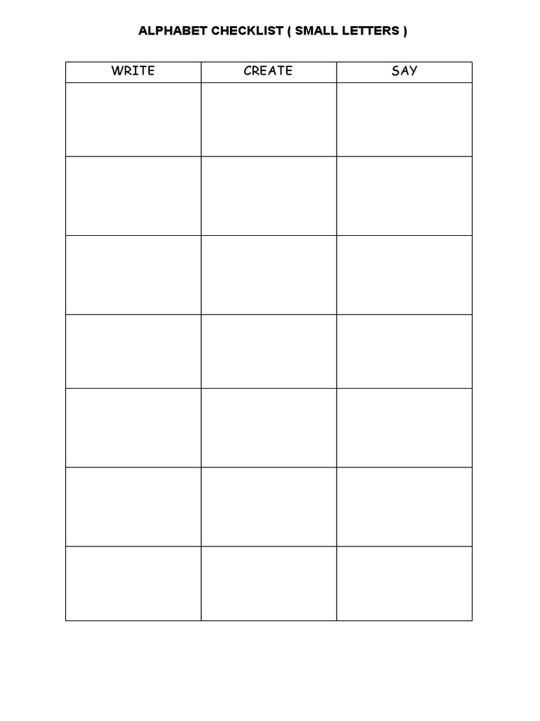Write Create SAY: Alphabet Checklist (Small Letters) | PDF