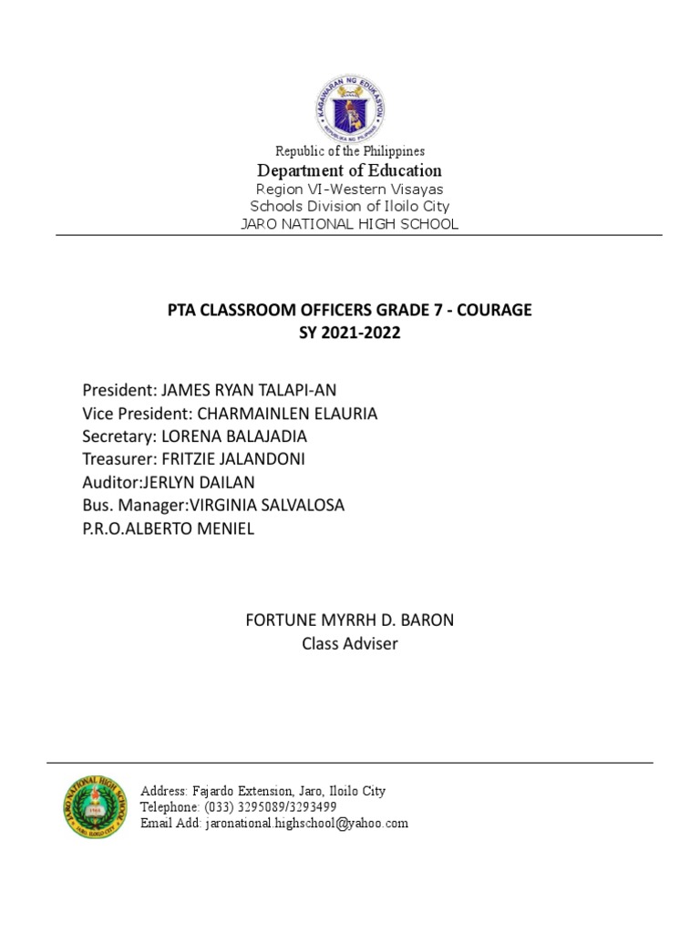 Grade 7 - Courage Pta Classroom Officers | PDF