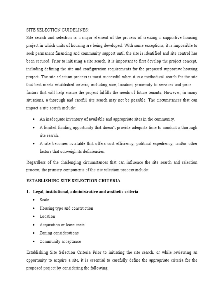 Establishing Site Selection Criteria 1. Legal, Institutional ...