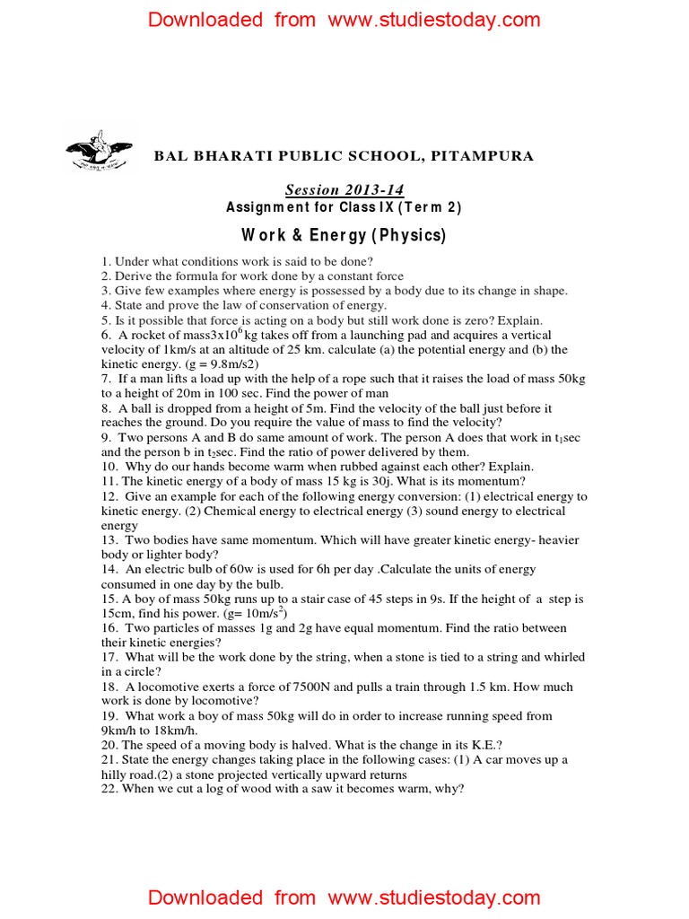 CBSE Class 9 Physics Worksheet - Work & Energy | PDF | Kinetic Energy ...