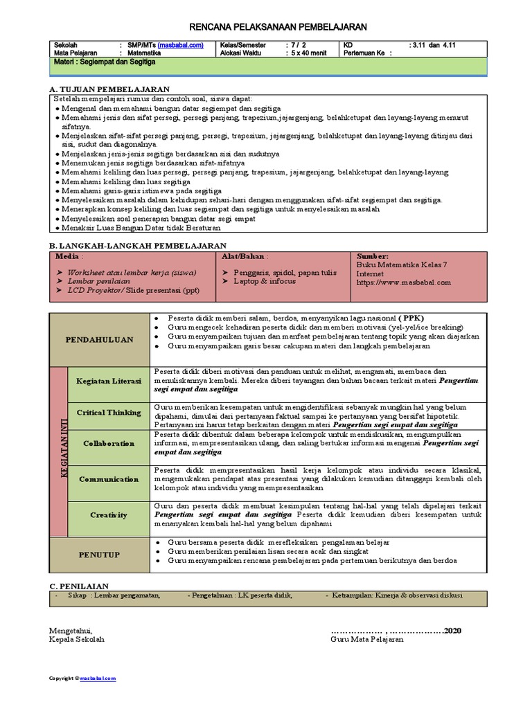 RPP 1 Lembar Matematika Kelas 7 KD 3.11 - 4.11 Revisi 2020 | PDF