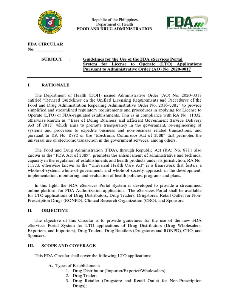 Draft Guidelines For The Use Of The FDA EServices Portal For LTO