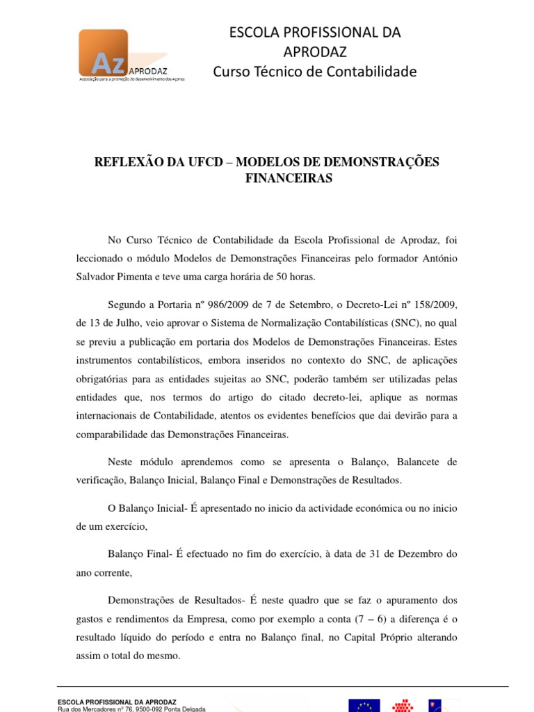REFLEXÃO DA UFCD -MODELOS DE DEMONSTRAÇÕES FINANCEIRAS | Folha de ...