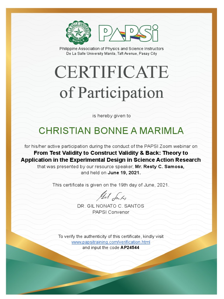 Certificate MARIMLA - From Test Validity To Construct Validity & Back ...