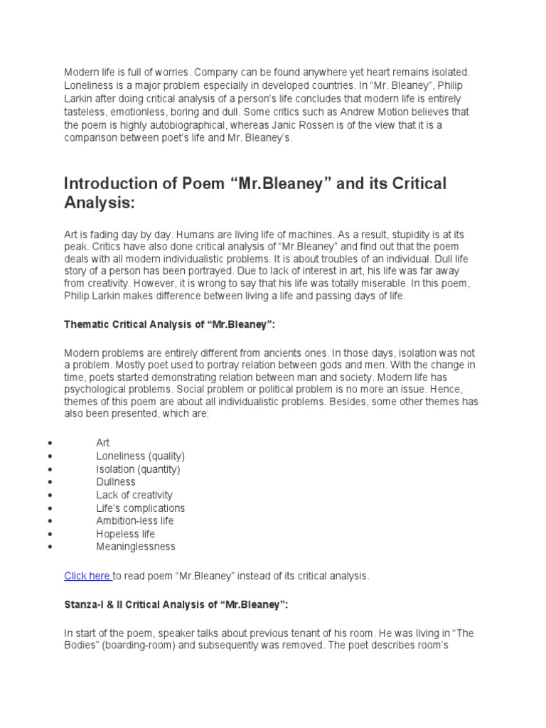 MR Bleany Themes and Explanation | PDF | Poetry | Loneliness