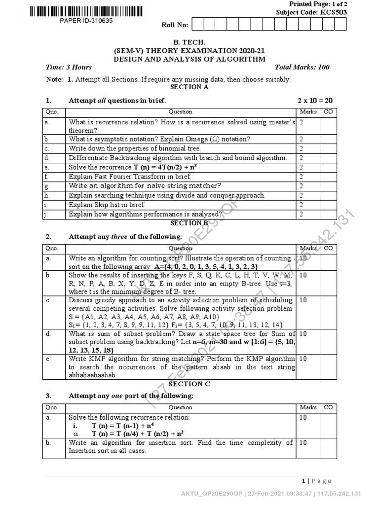 DAA Question Paper KCS503 2020-21 | PDF | Mathematical Analysis ...