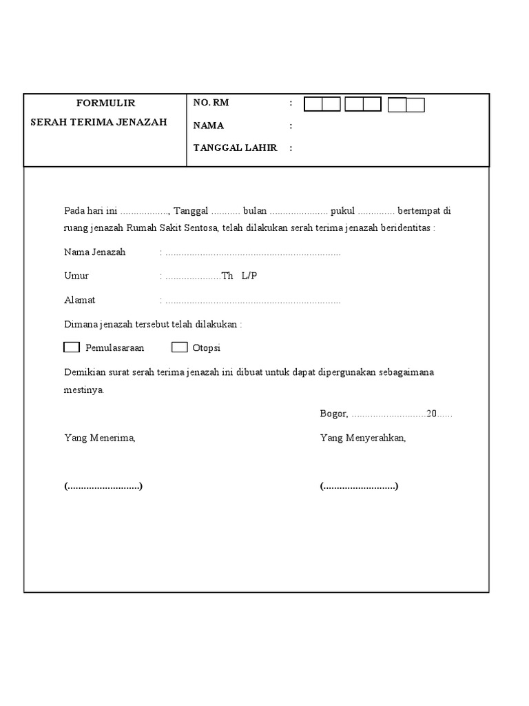 Form Berita Acara Serah Terima Jenazah Dengan Petugas TPU (1) Baru | PDF