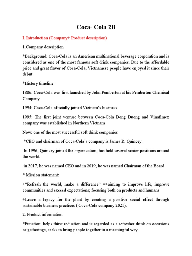 Coca-Cola 2B: I. Introduction (Company+ Product Description) | PDF ...