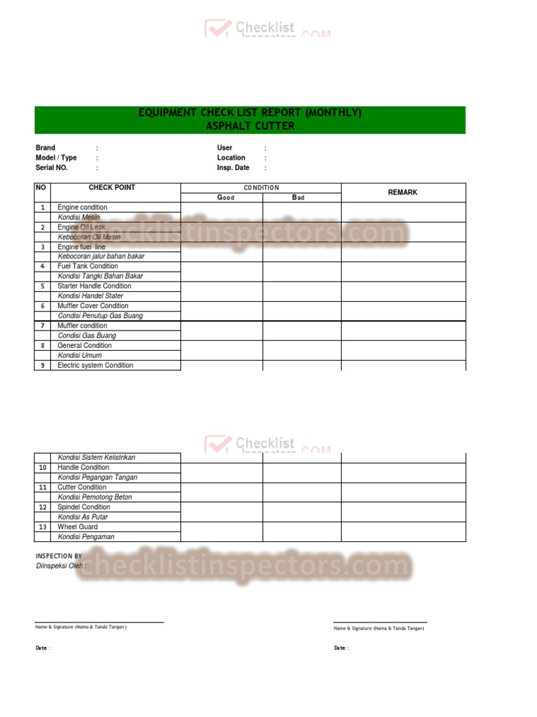 Equipment Check List Report Monthly Asphalt Cutter | PDF