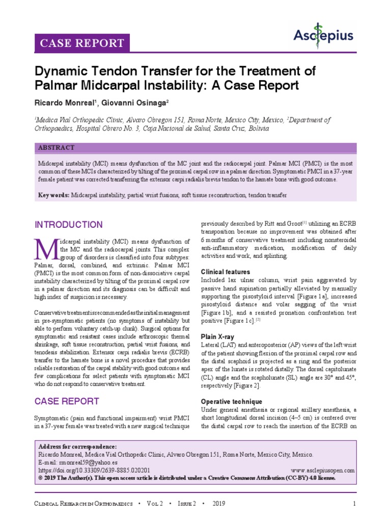 Dynamic Tendon Transfer For The Treatment of Palmar Midcarpal ...