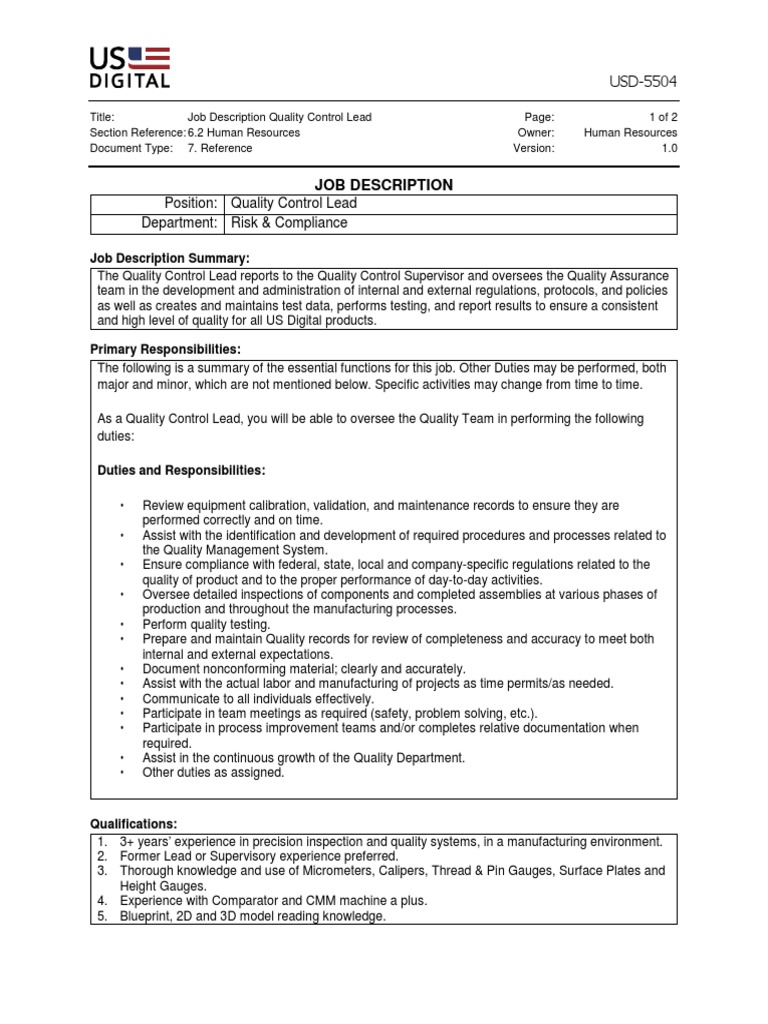 Quality Control Lead Job Description | PDF | Regulatory Compliance ...