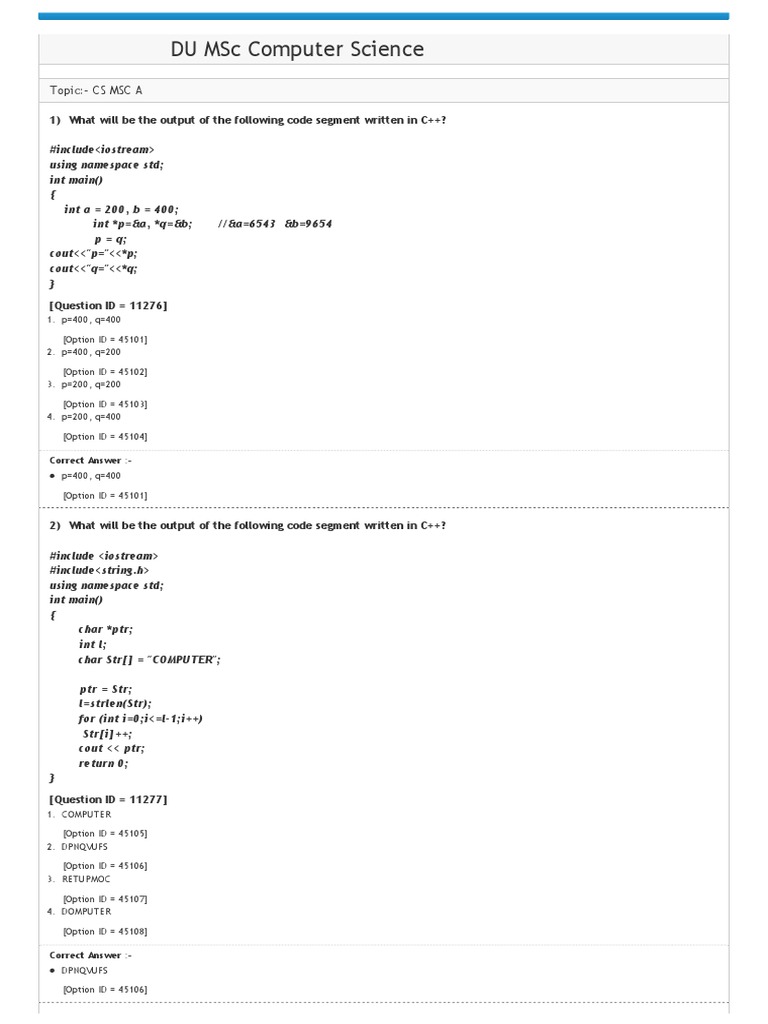 Du MSC Computer Science: 1) What Will Be The Output of The Following ...