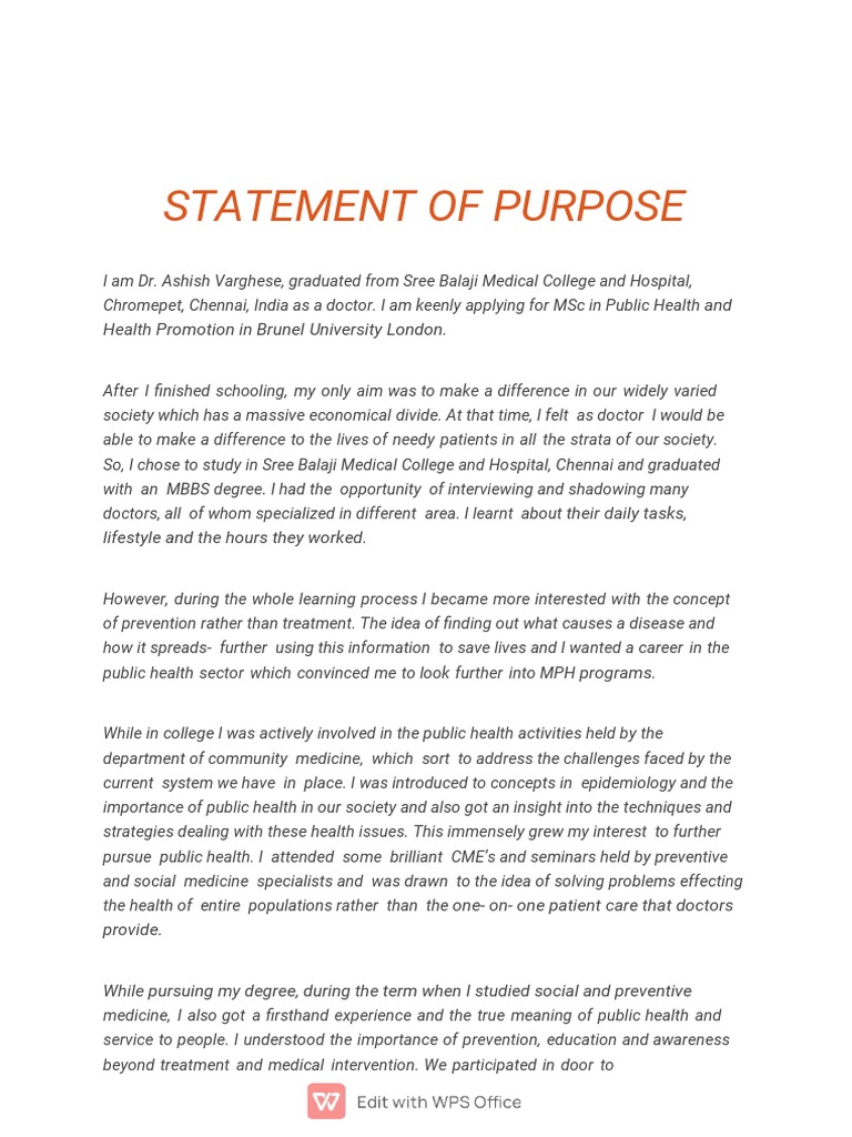 Statement of Purpose | PDF | Public Health | Physician