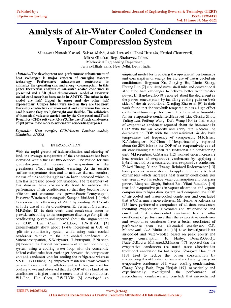 Analysis of Air Water Cooled Condenser in Vapour Compression System ...