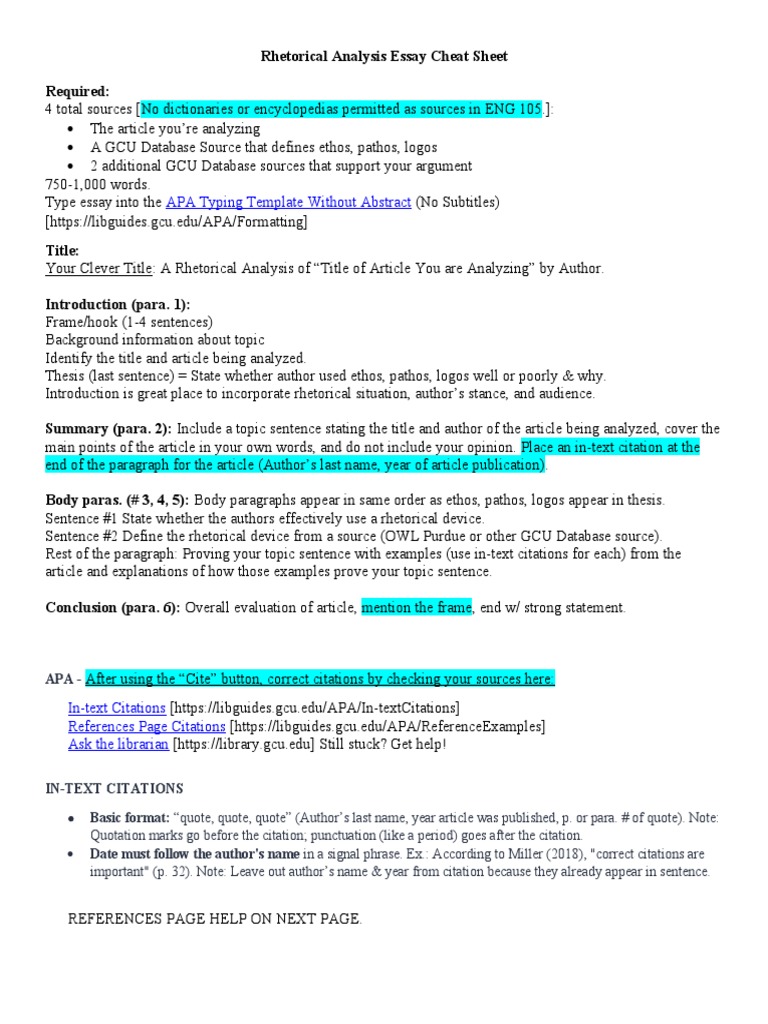 ENG 105 WF 3.2 Cheat Sheet - Rhetorical Analysis | PDF | Apa Style ...