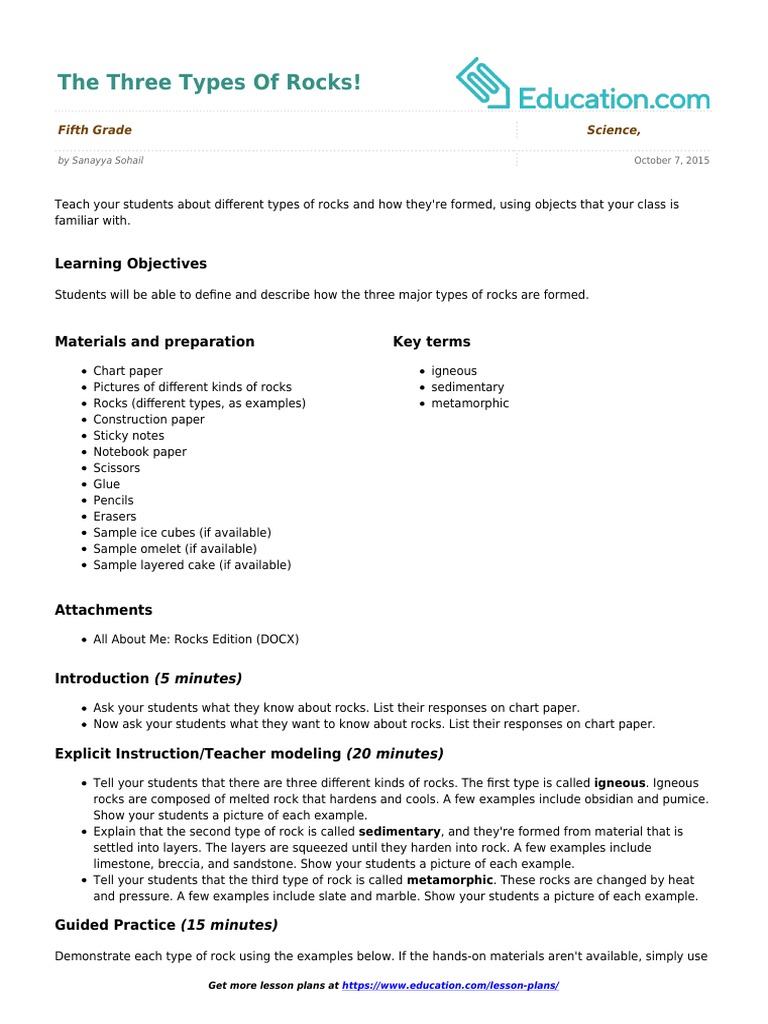 The Three Types of Rocks!: Learning Objectives | PDF | Rock (Geology ...