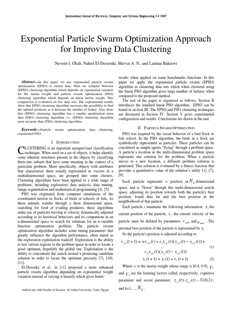 Exponential Particle Swarm Optimization Approach For Improving Data Clustering | PDF | Cluster ...