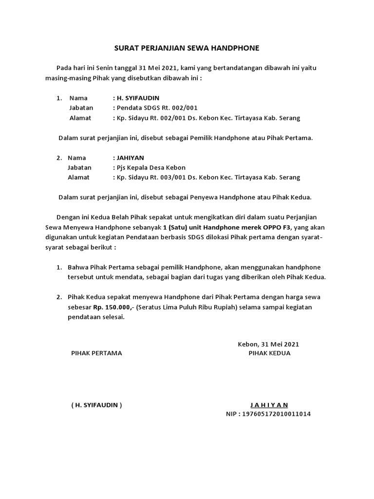 Surat Perjanjian Sewa Handphone OPPO F3 | PDF