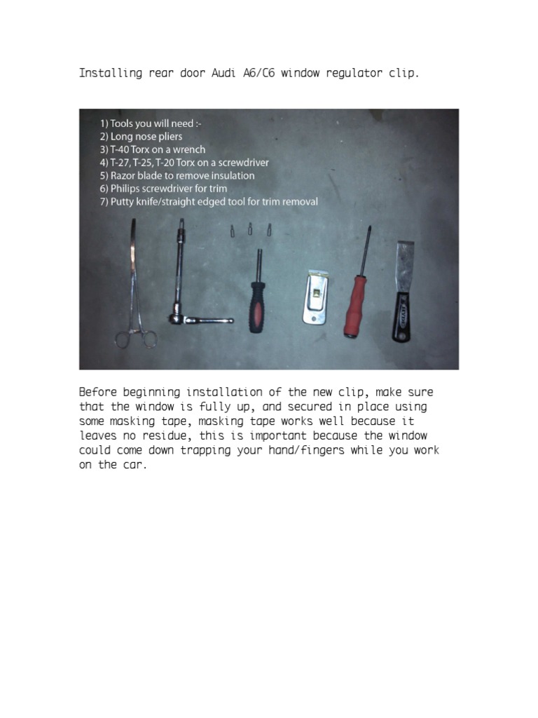 Audi A6 C6 Rear Door Regulator Clip Installation | PDF | Door | Window
