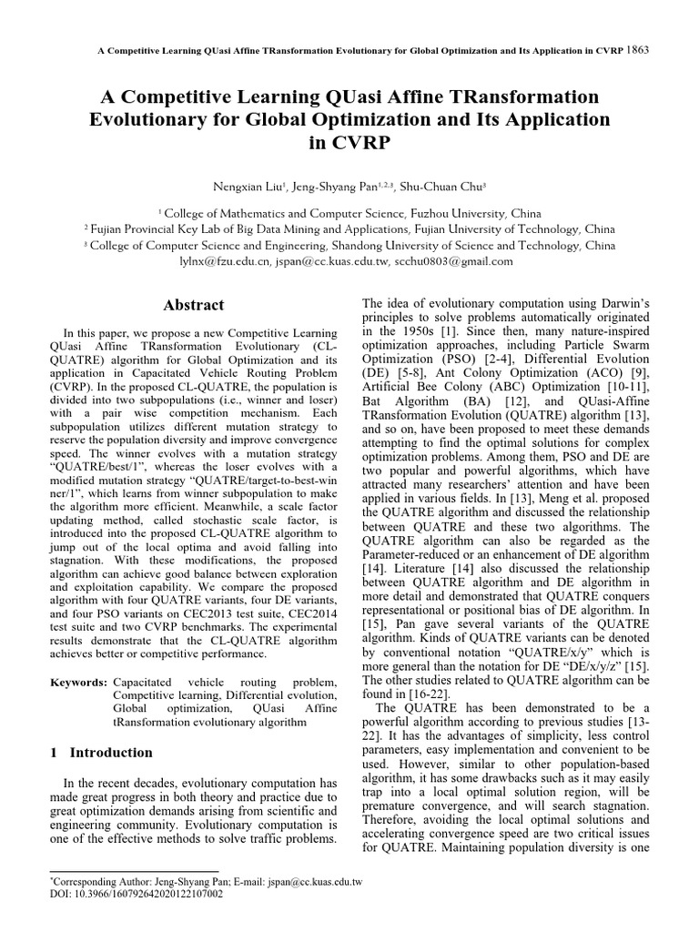 A Competitive Learning Quasi Affine Transformation Evolutionary For Global Optimization and Its ...