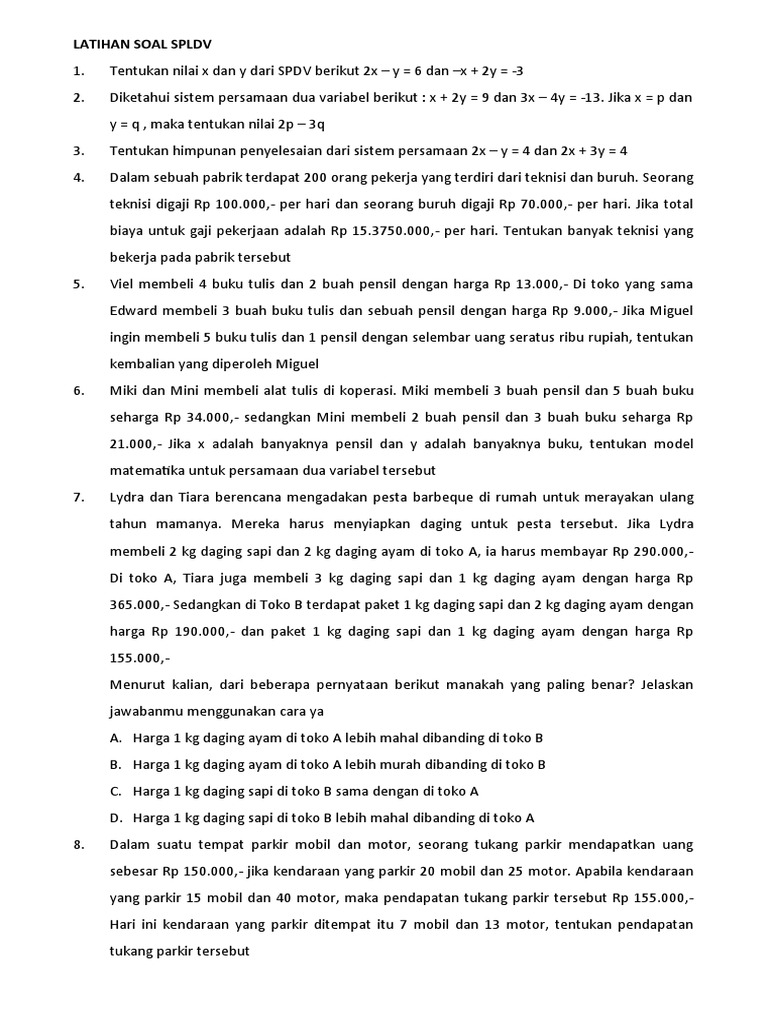 Latihan Soal SPLDV | PDF