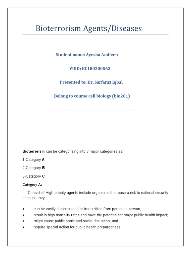Bioterrorism Agents/Diseases: Student Name: Ayesha Andleeb | PDF ...
