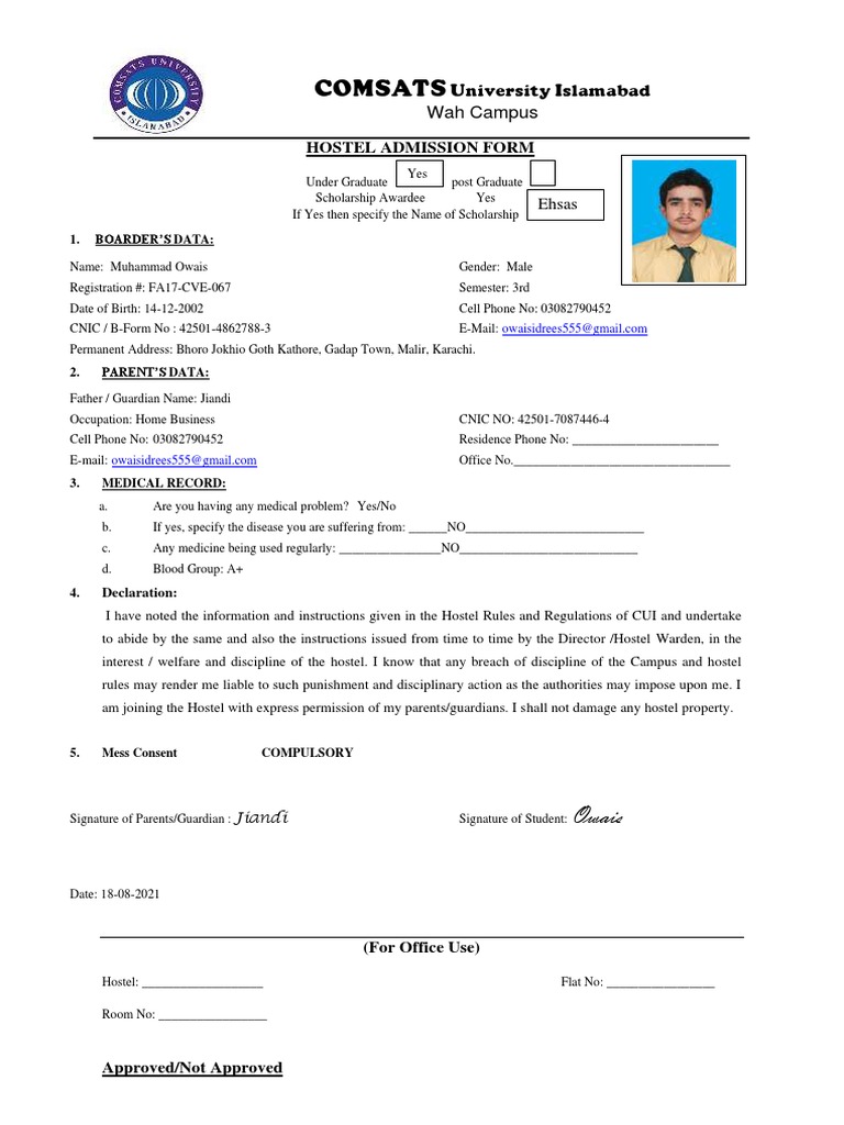 Comsats: Hostel Admission Form | PDF | Justice | Crime & Violence