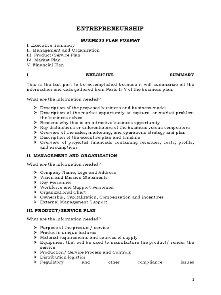 Entrepreneurship: Business Plan Format | PDF | Market (Economics ...