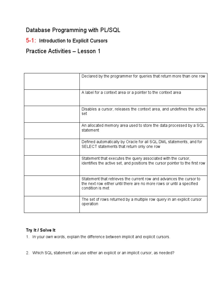 Database Programming With Plsql Introduction To Explicit Cursors Pdf Plsql Sql
