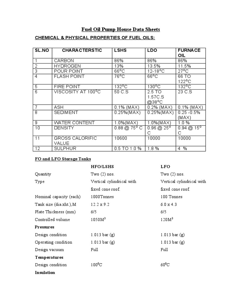 Technical Specifications and Operating Parameters for Fuel Oil Storage ...
