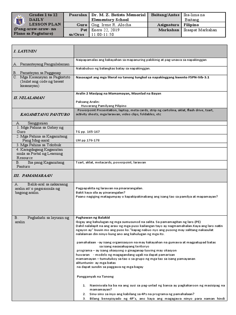 DLP Filipino 5 Q4 Week 2 COT 4 | PDF
