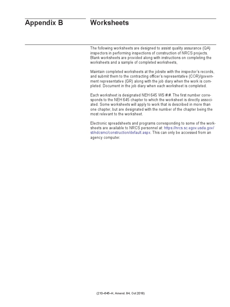 National Engineering Handbook - Part 645 - Construction Inspection - Appendix B - Worksheets ...